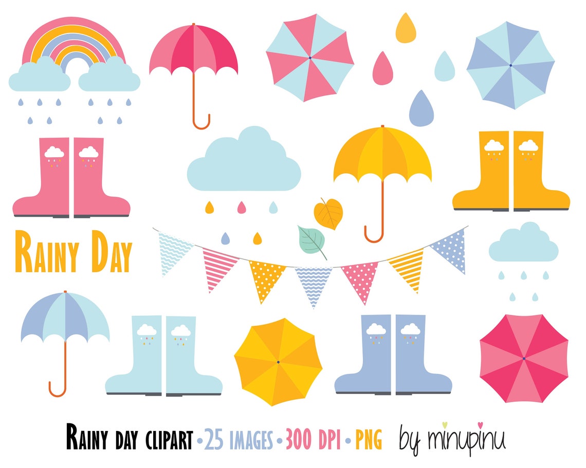Rainy Day Clipart, Spring Rain Clip Art, Clouds, Umbrella, Rain Boots ...