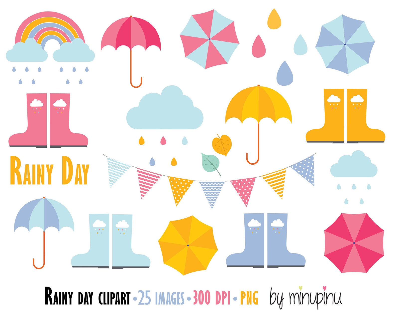 Rainy Day Clipart, Spring Rain Clip Art, Clouds, Umbrella, Rain Boots ...