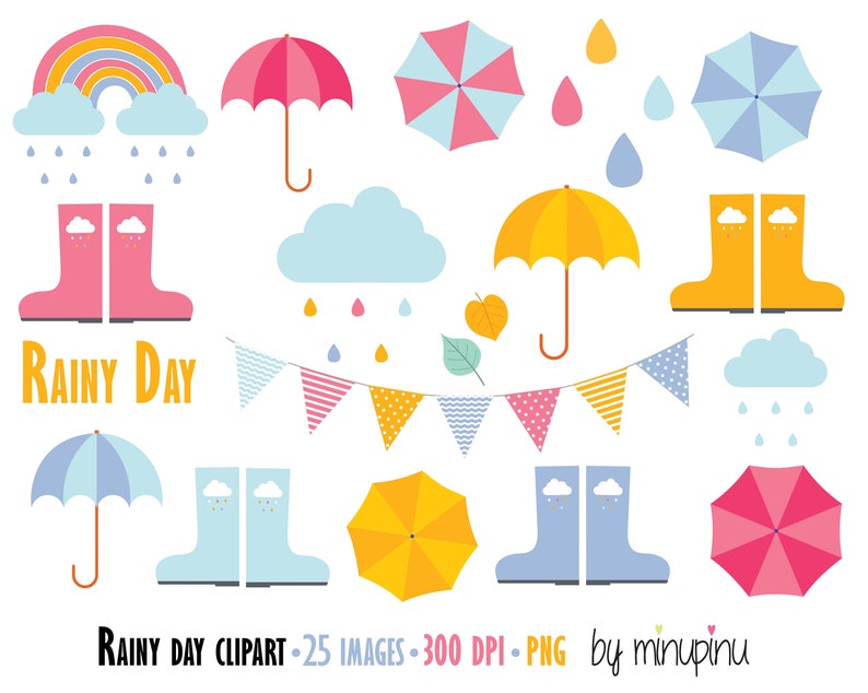 Rainy Day Clipart, Spring Rain Clip Art, Clouds, Umbrella, Rain Boots ...