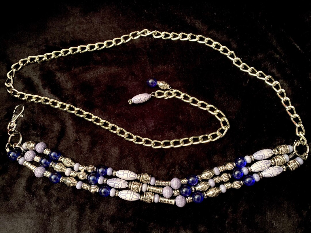 Vintage Blue Jeweled 3 Strand Belt Silver & Blue Beads and Silver Chain ...