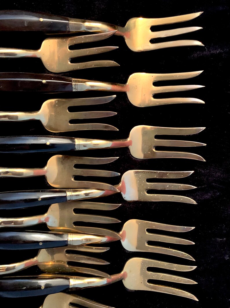 Vintage 3 Pronged Salad Forks Thai Black Buffalo Horn & Bronze - Etsy
