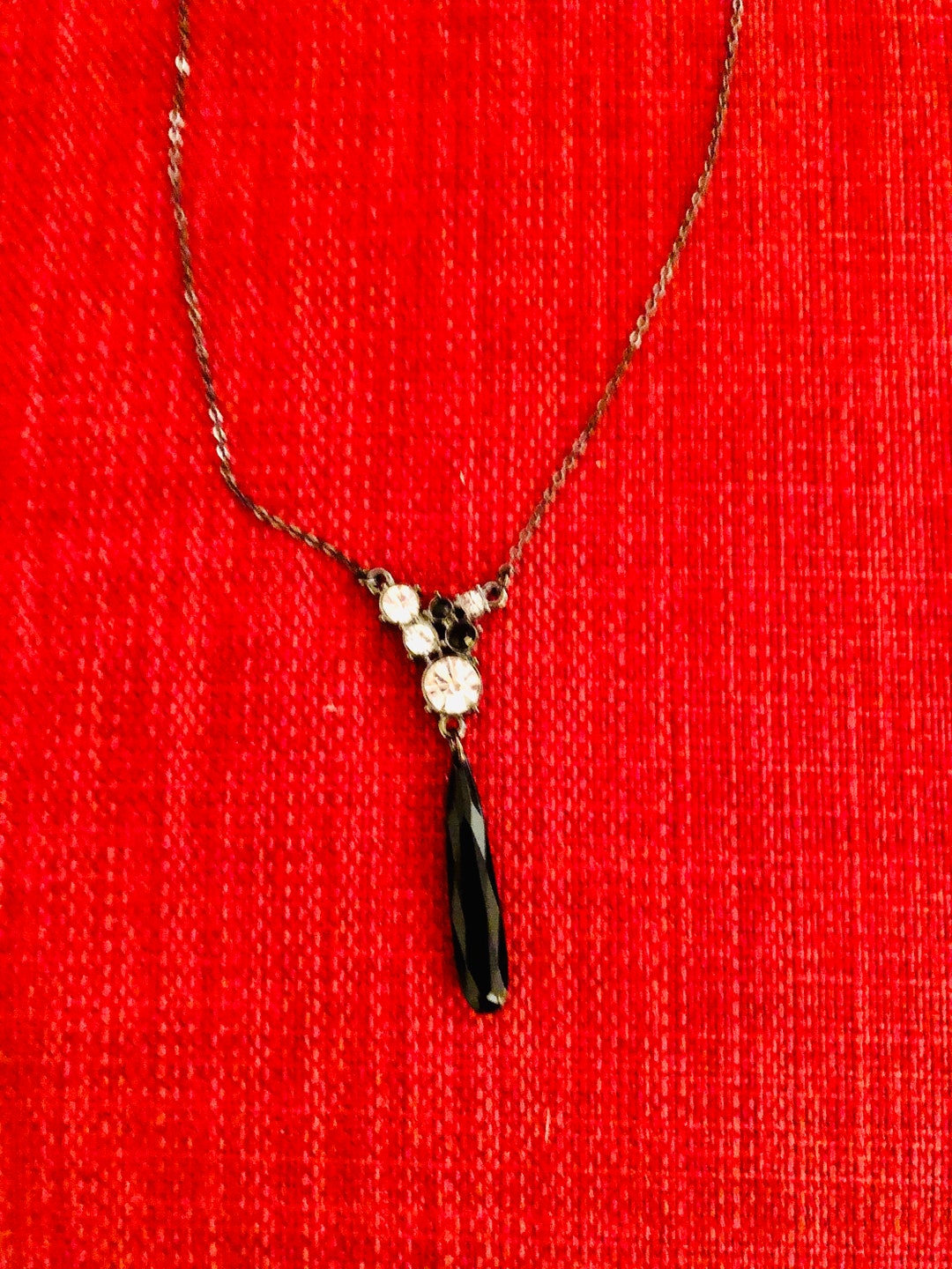 Vintage Jet Black & Rhinestone Pendant Necklace - Etsy