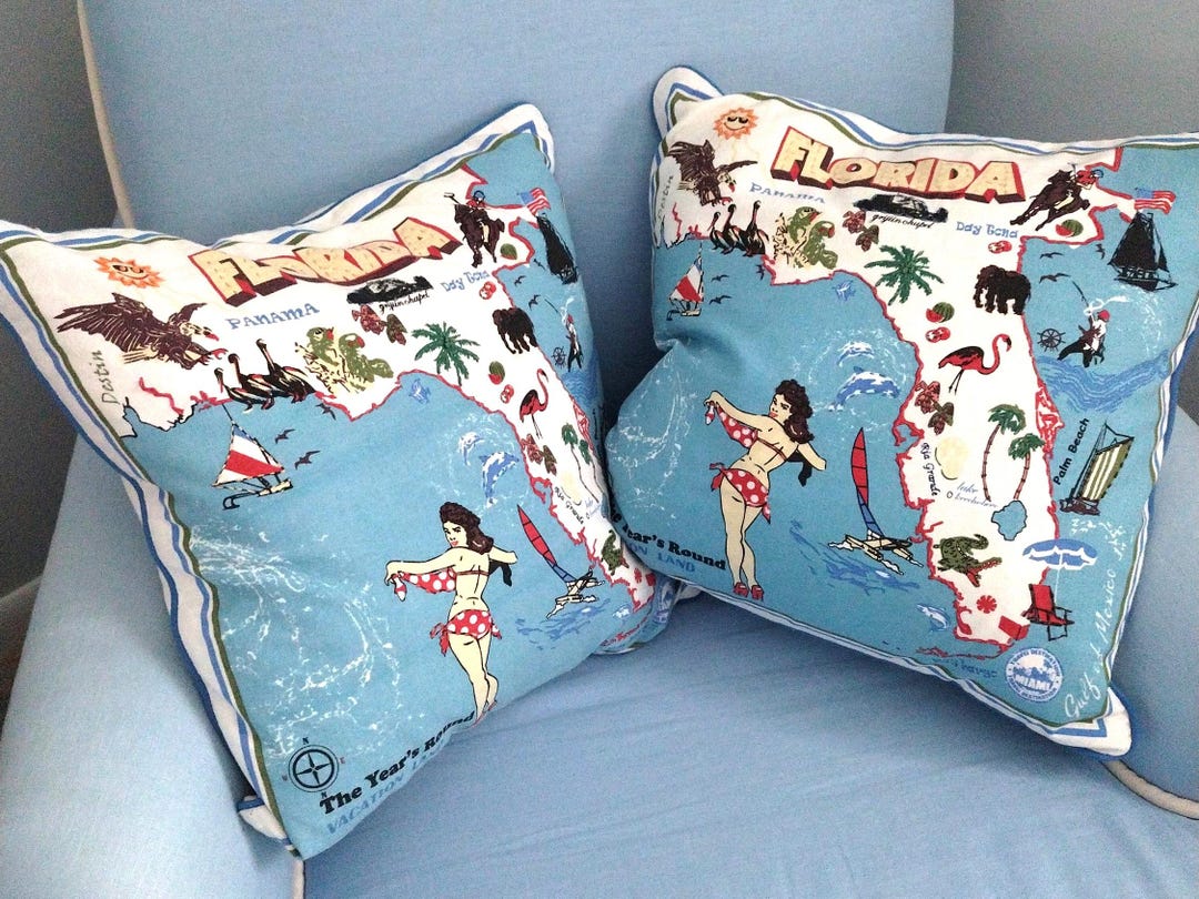 2 Vintage Florida Feather Throw Pillows Postcard Pillows Old Florida ...