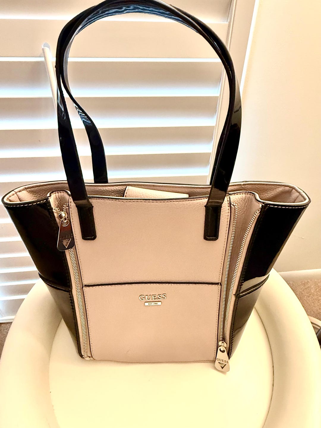 Guess Black Handbag With Beige Leather & Black Patent Handles ...