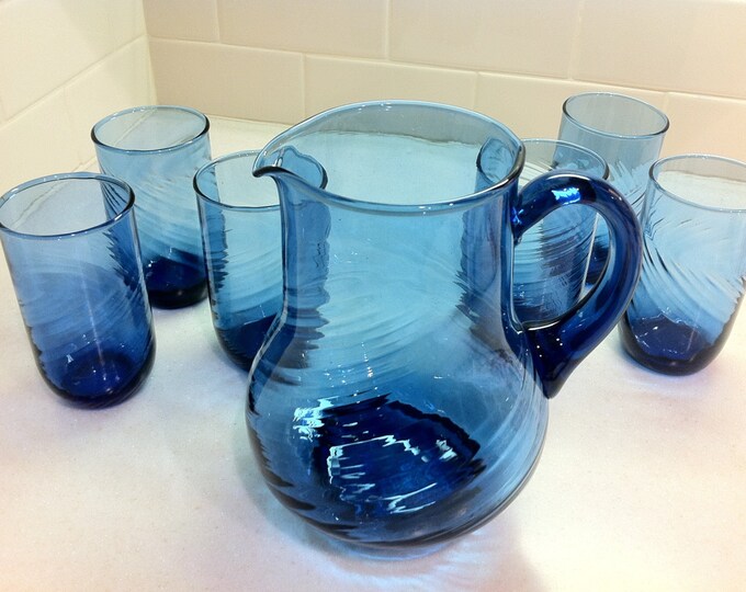 Vintage Handblown Blue Pitcher Set With 6 Glasses Juice/water Pitcher ...