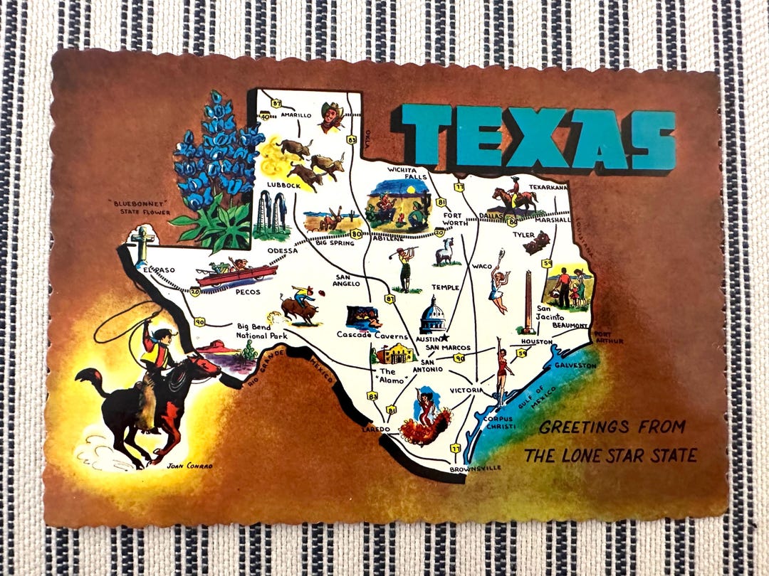 Vintage Texas Map Postcard Greetings From the Lone Star State Over Size ...
