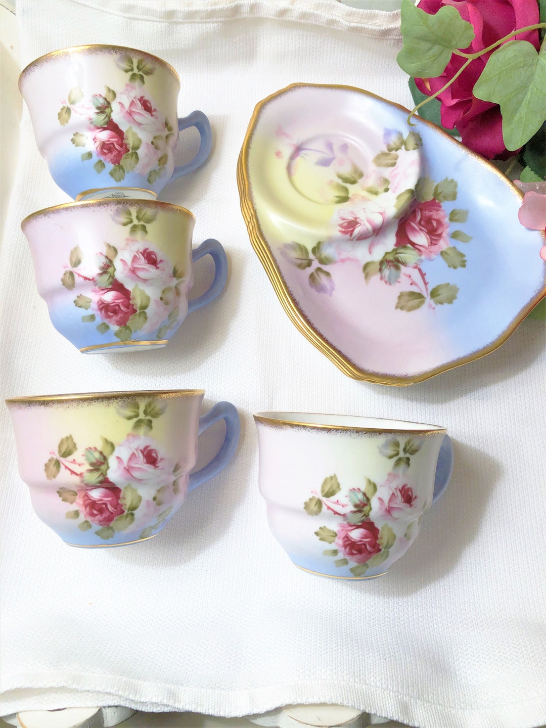 Pink Rose Tea Cup and Snack Tray Set Tea Cup & Dessert Dish Set of 4 ...