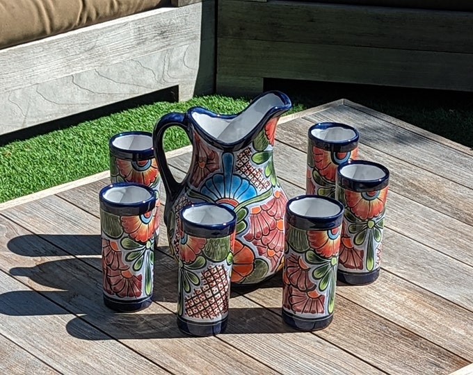 Talavera Ceramic Pitcher & Six Glasses Handmade Mexican Pottery ...