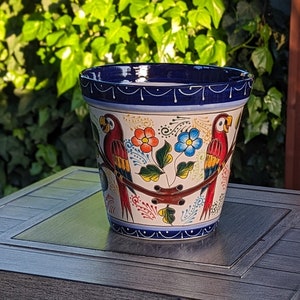 4 Parrots Flower Pot | 10.5" Round Ceramic Planter is Handmade Mexican ...