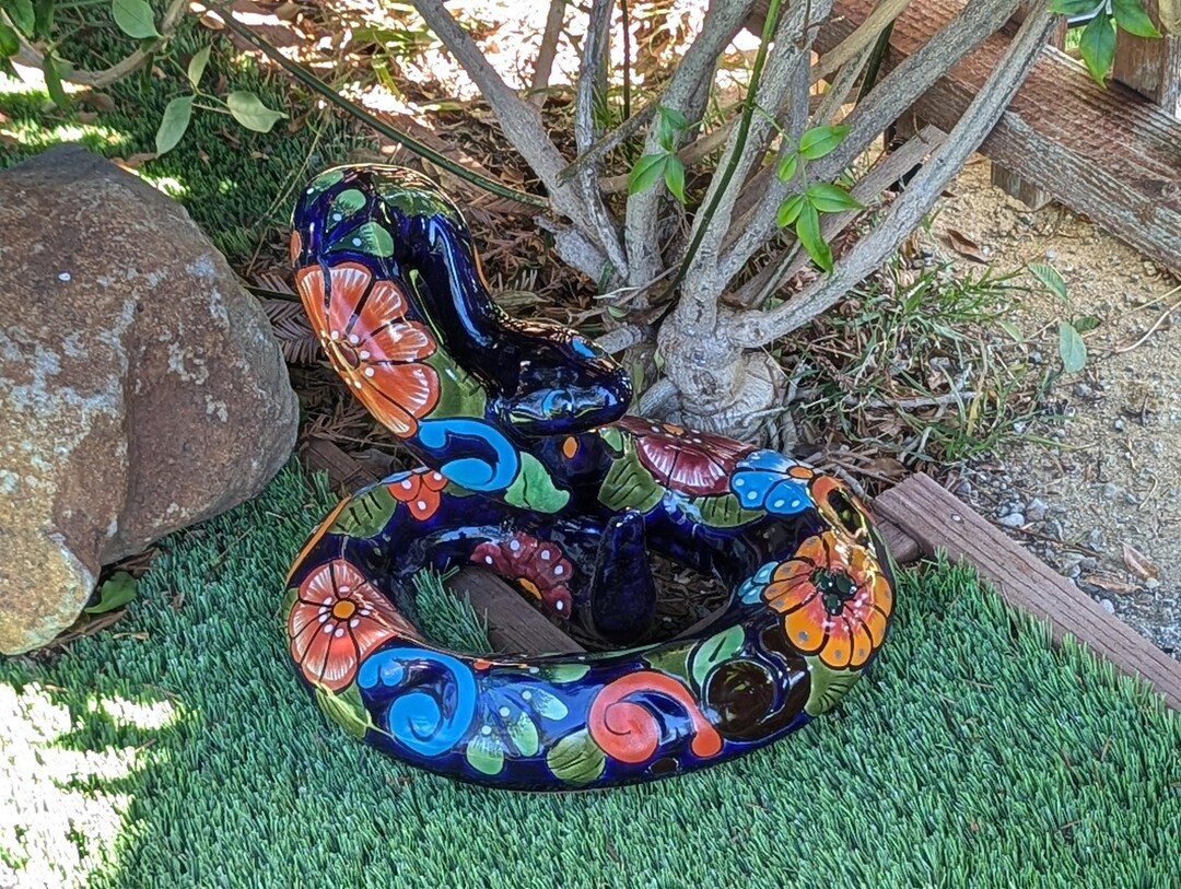Talavera Rattlesnake Figurine Ceramic Mexican Pottery, Outdoor Snake ...