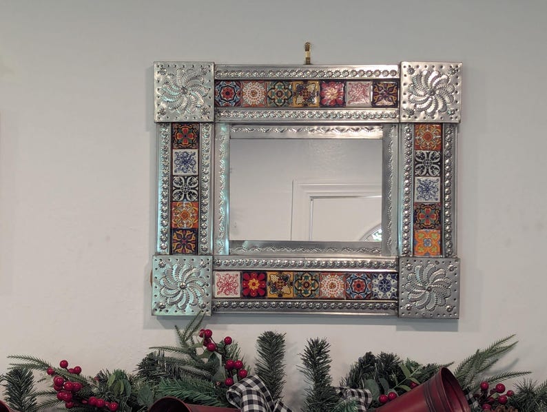 Talavera Tile & Punched Tin Mirror | Indoor Decor From Mexico - Etsy