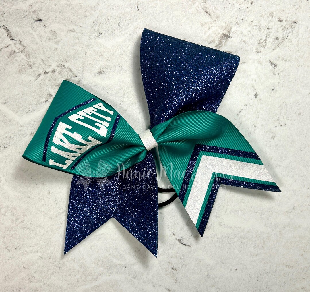 Custom Cheer Bow – Teal & Navy Glitter Cheer Bow With Chevron ...
