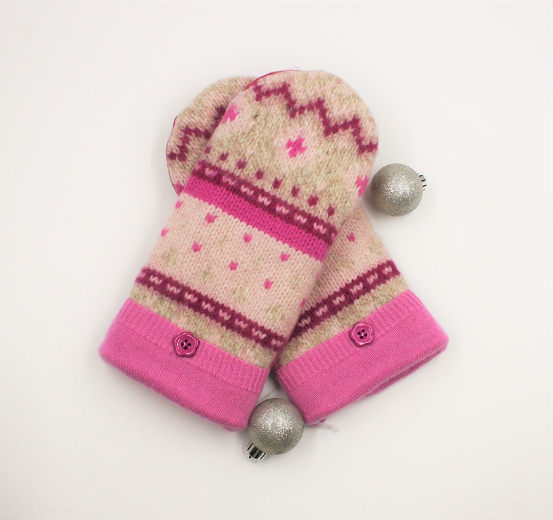 Traditional Style Pink Tones and Beige Wool Mittens With Suede Palms ...