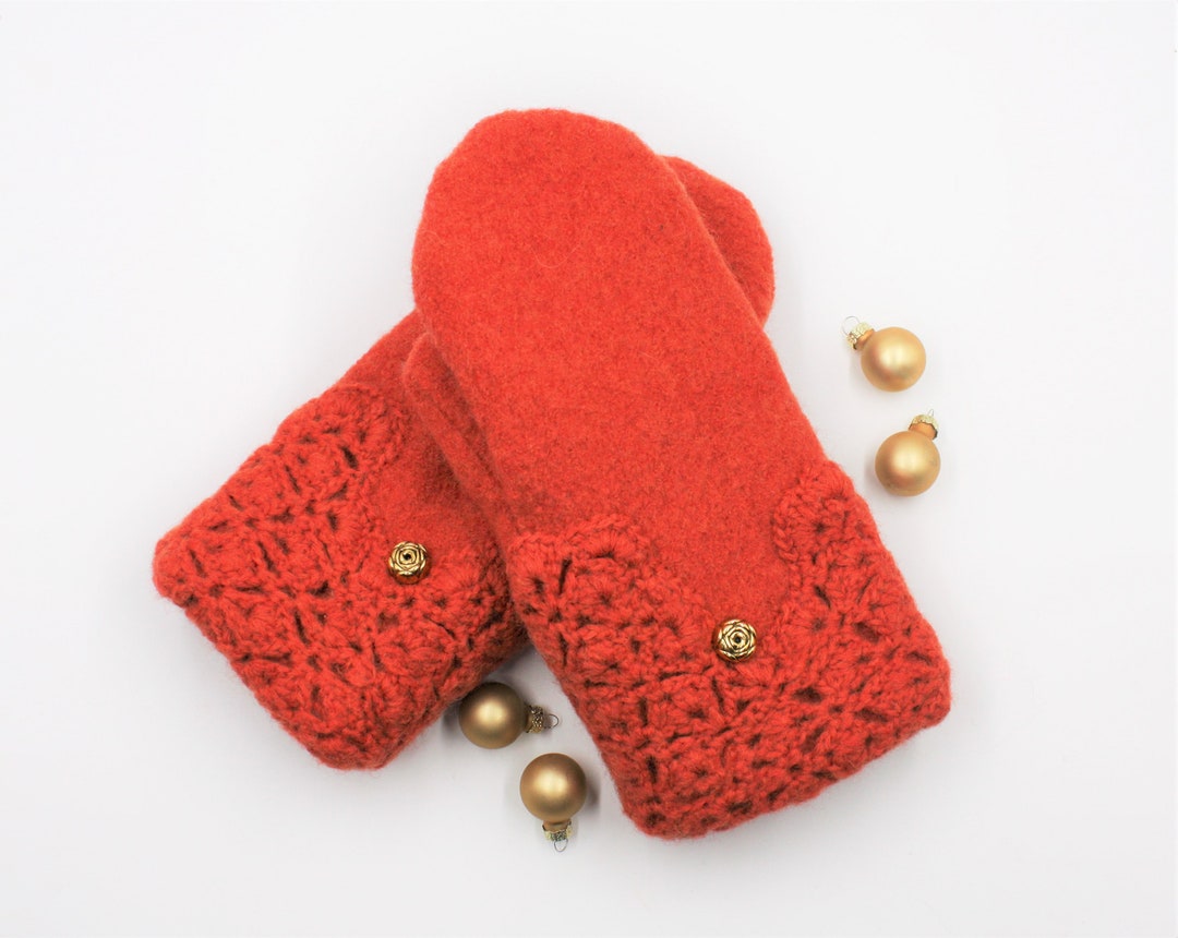 Traditional Style Orange Wool Mittens Made From Recycled Sweaters Large ...