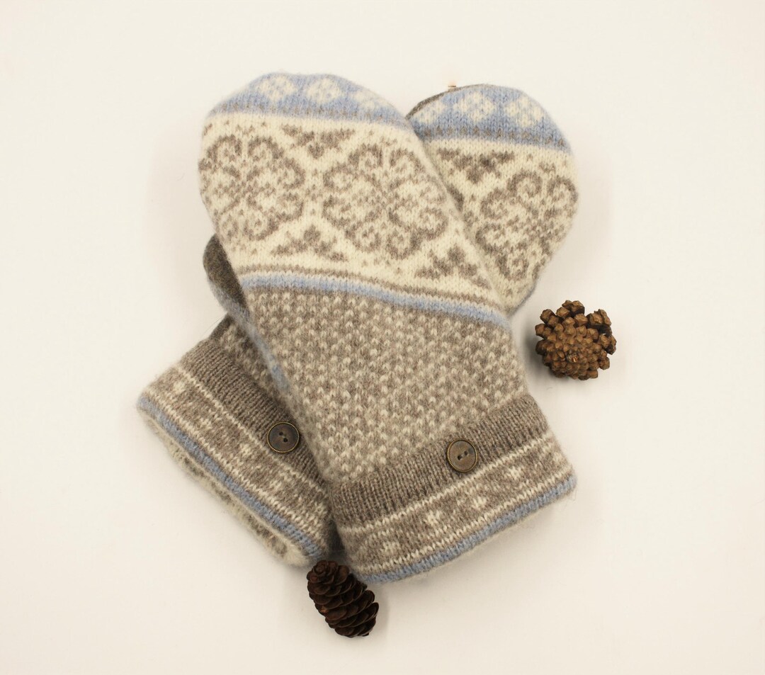 Traditional Style Taupe/cream/blue Wool Mittens Made From Recycled ...