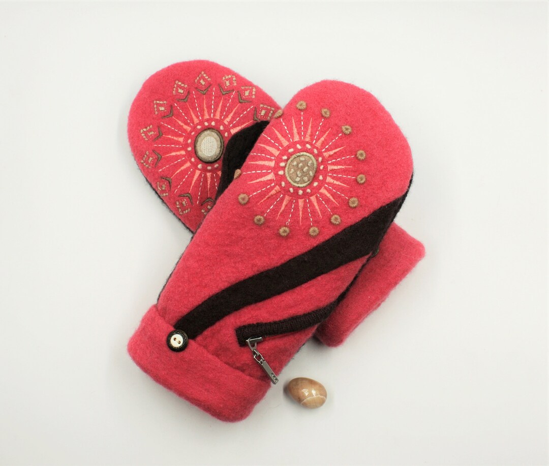 Traditional Style Pink/coral Embroidered Wool Mittens Made From ...