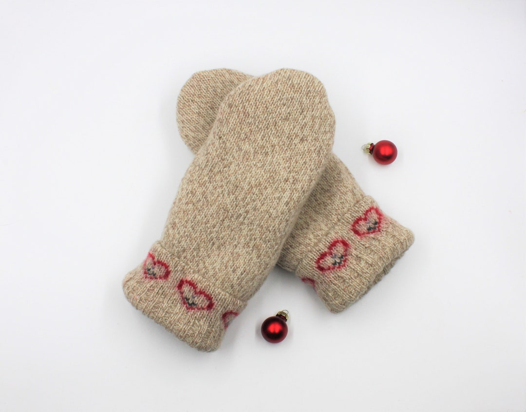 Traditional Style Beige With Hearts Theme Wool Blend Mittens Made From ...