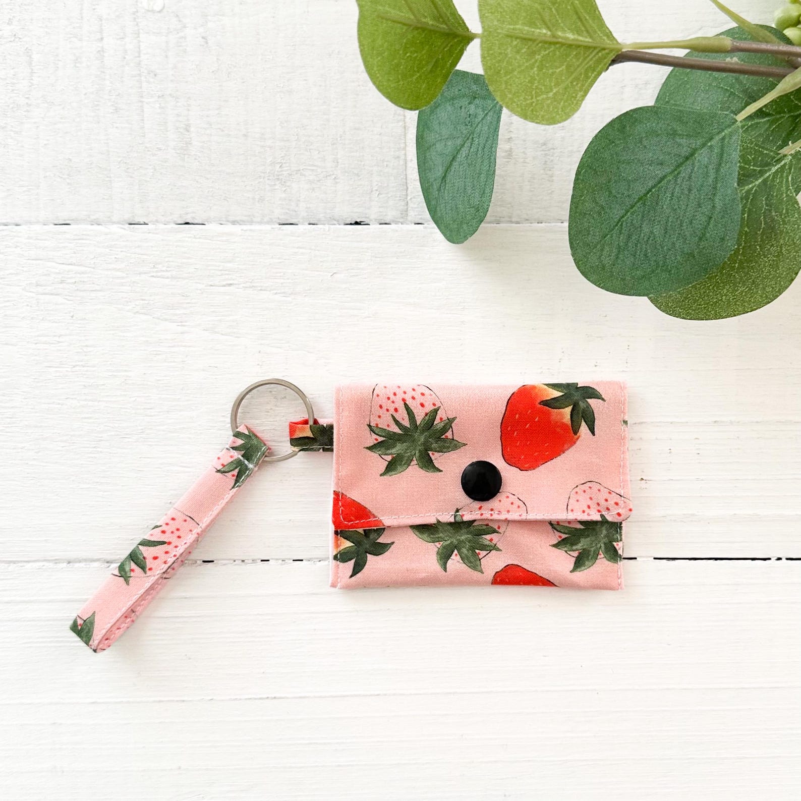 Handmade Strawberry Print Mini Pouch Keychain: Snap Closure Coin Wallet ...