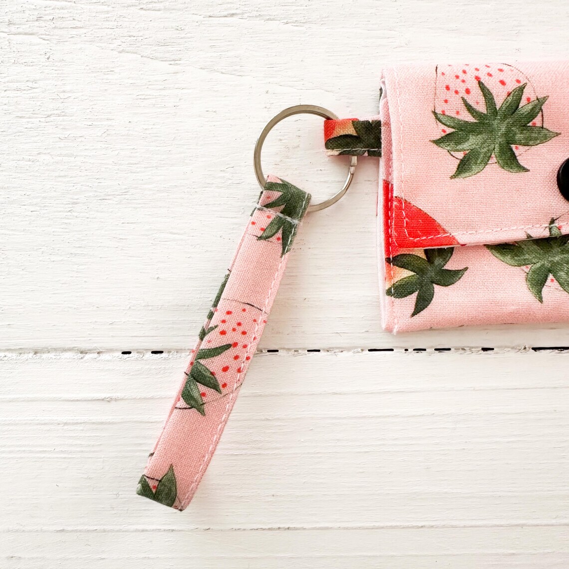 Handmade Strawberry Print Mini Pouch Keychain: Snap Closure Coin Wallet ...
