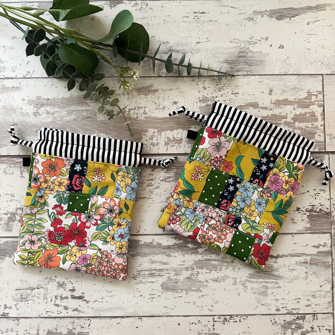 Handmade Beautiful Patchwork String Bag Cosmetics Pouch String Bag Reusable Jewelry Bag Size 5.5 ...