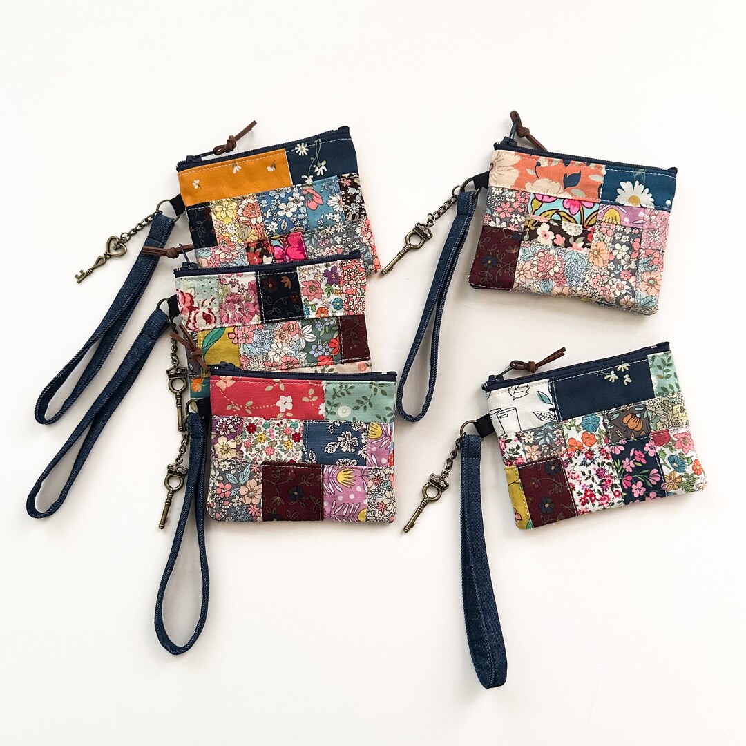 Handmade Patchwork Cotton Coin Purse With Denim Wristlet & Key Charm - Etsy