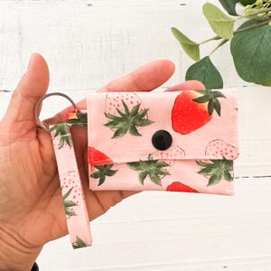 Handmade Strawberry Print Mini Pouch Keychain: Snap Closure Coin Wallet ...