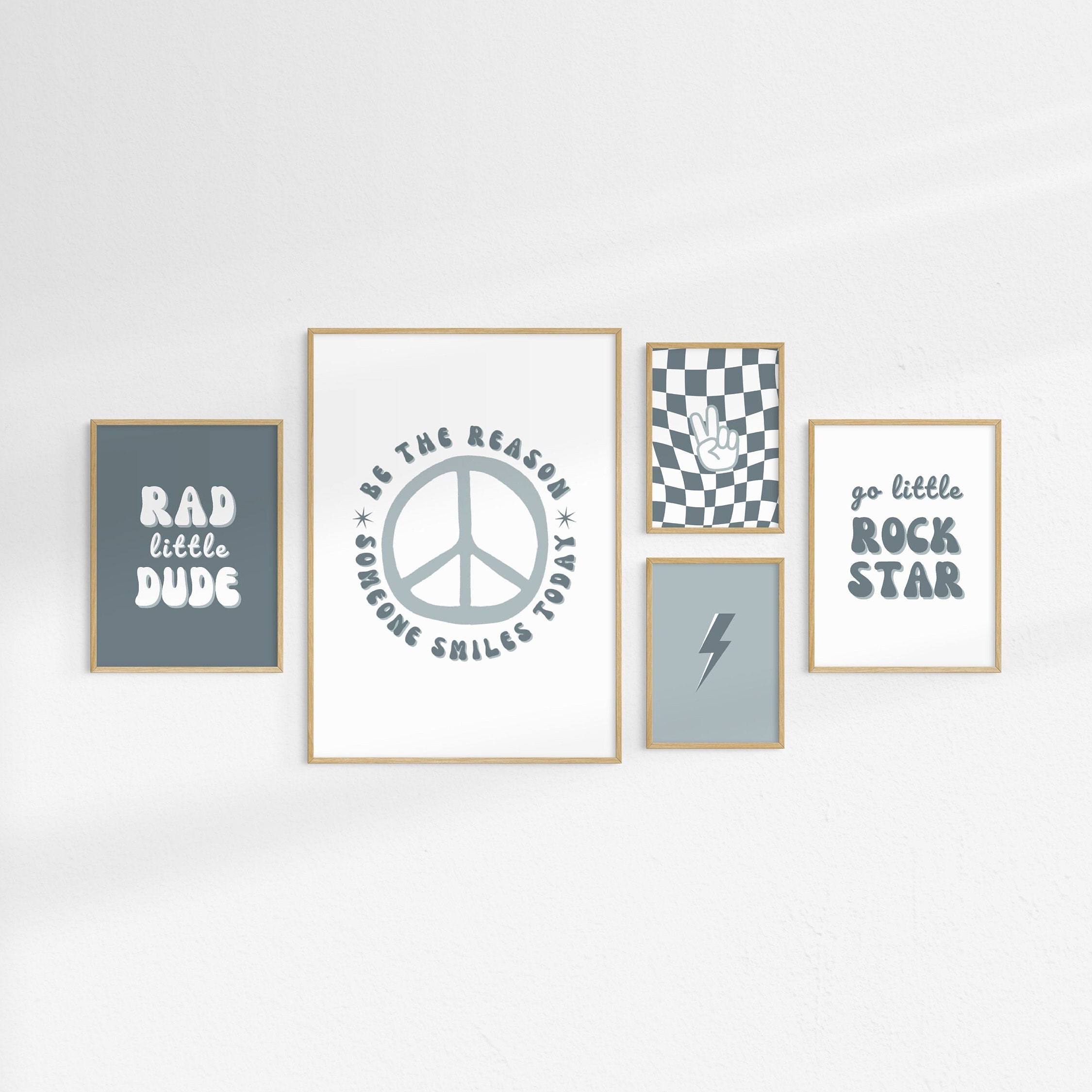 Six Retro Rad Little Dude Nursery Prints, Checkerboard Peace Sign, Star ...