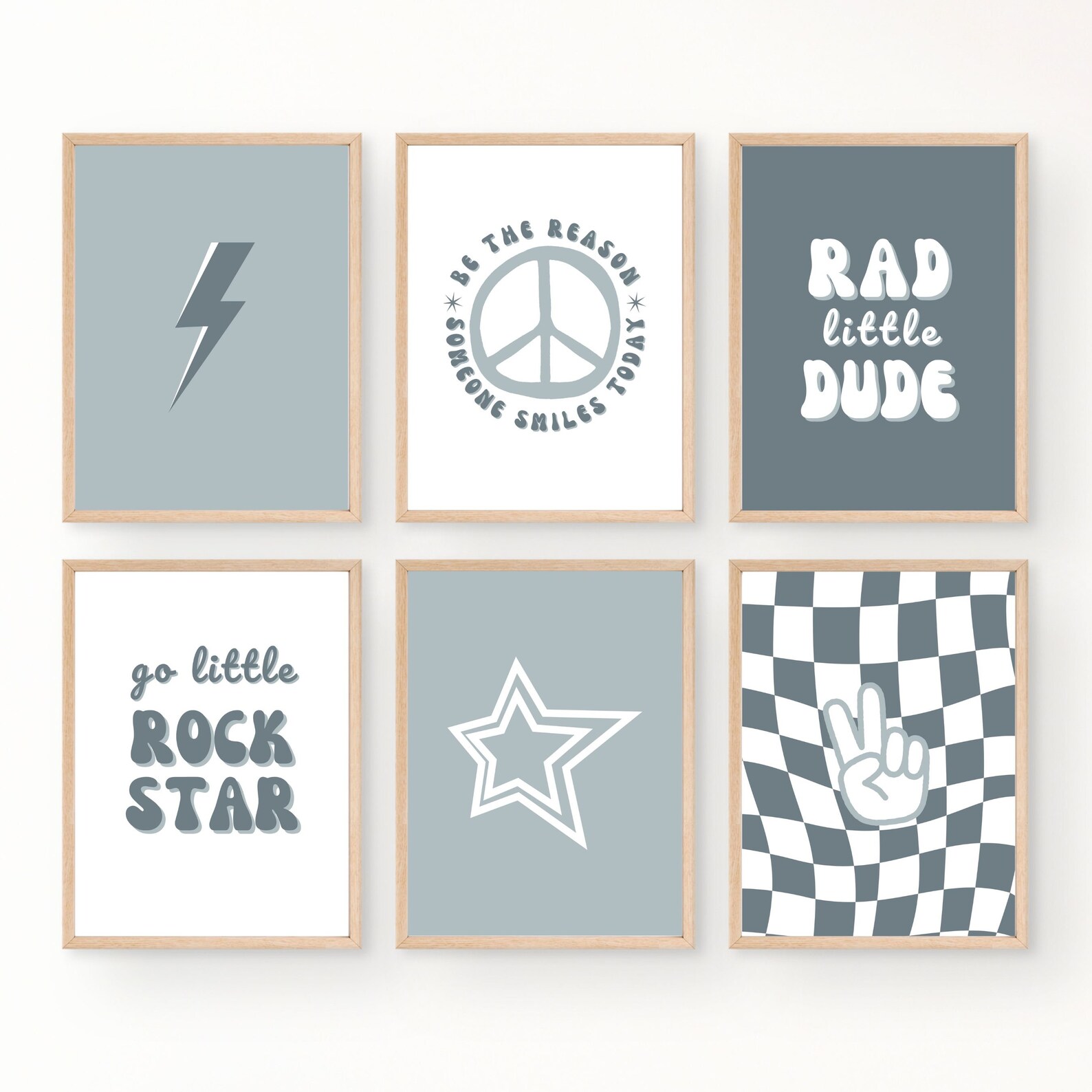Six Retro Rad Little Dude Nursery Prints, Checkerboard Peace Sign, Star ...