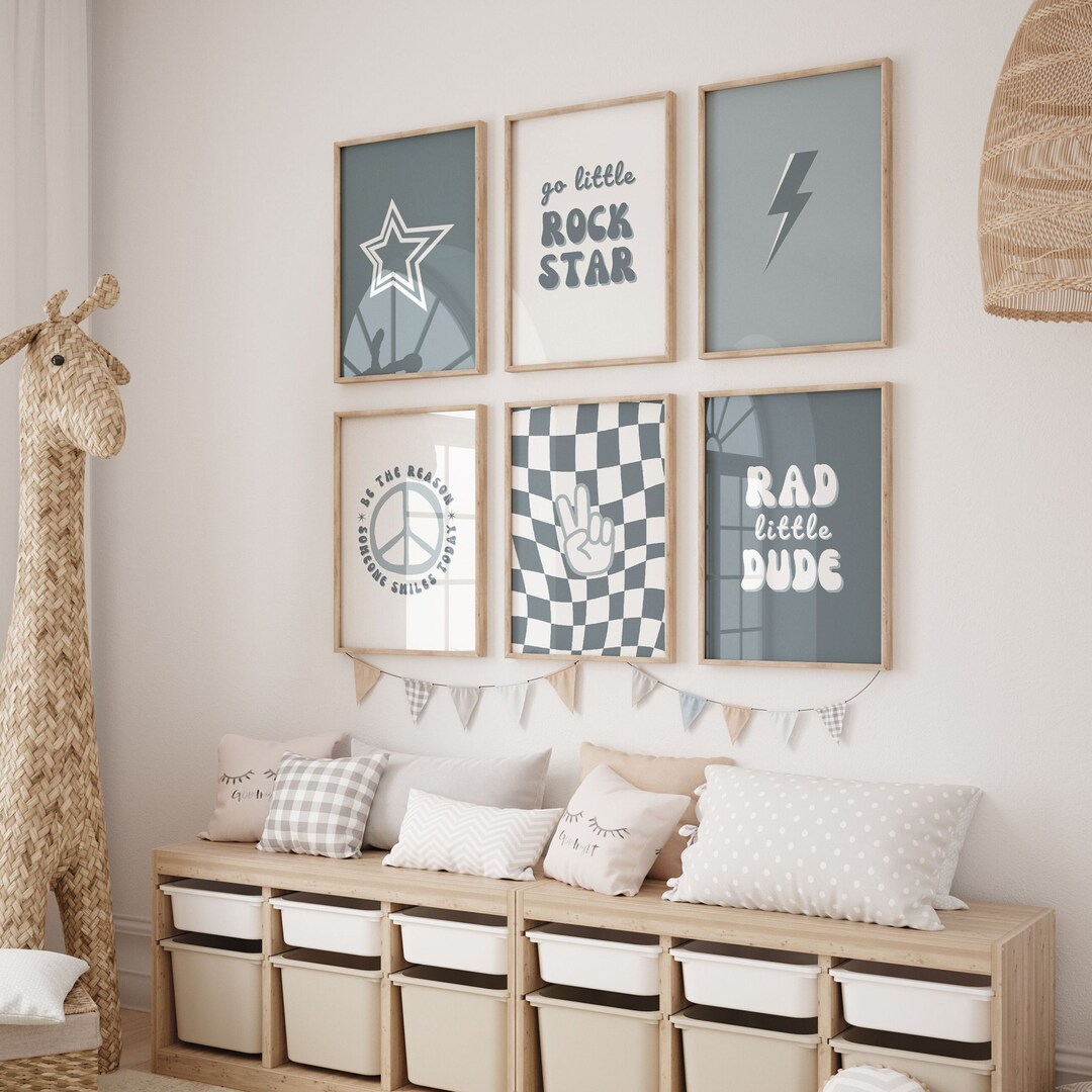 Six Retro Rad Little Dude Nursery Prints, Checkerboard Peace Sign, Star ...