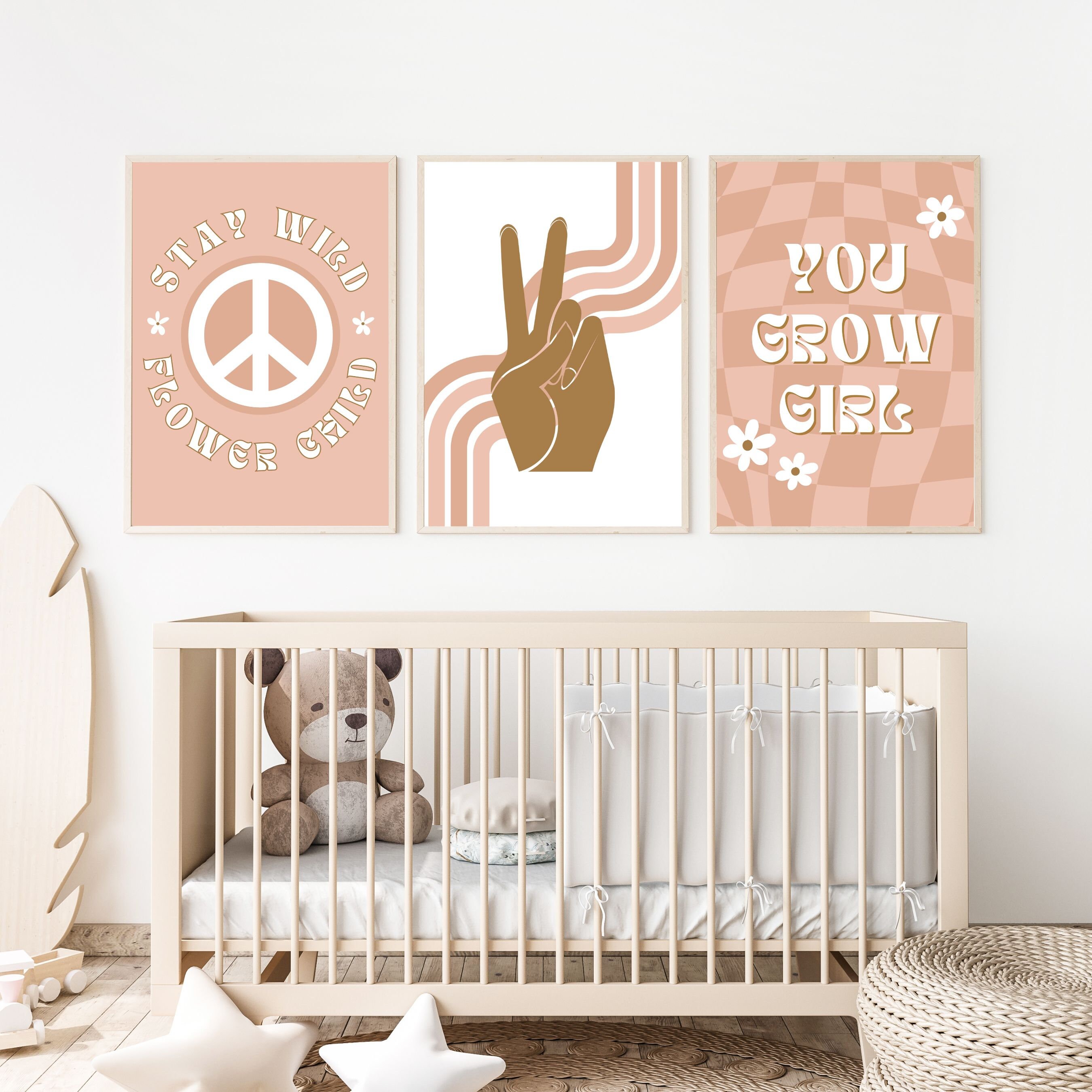 Set of 3 Retro Nursery Prints, Stay Wild Flower Child Wall Art ...