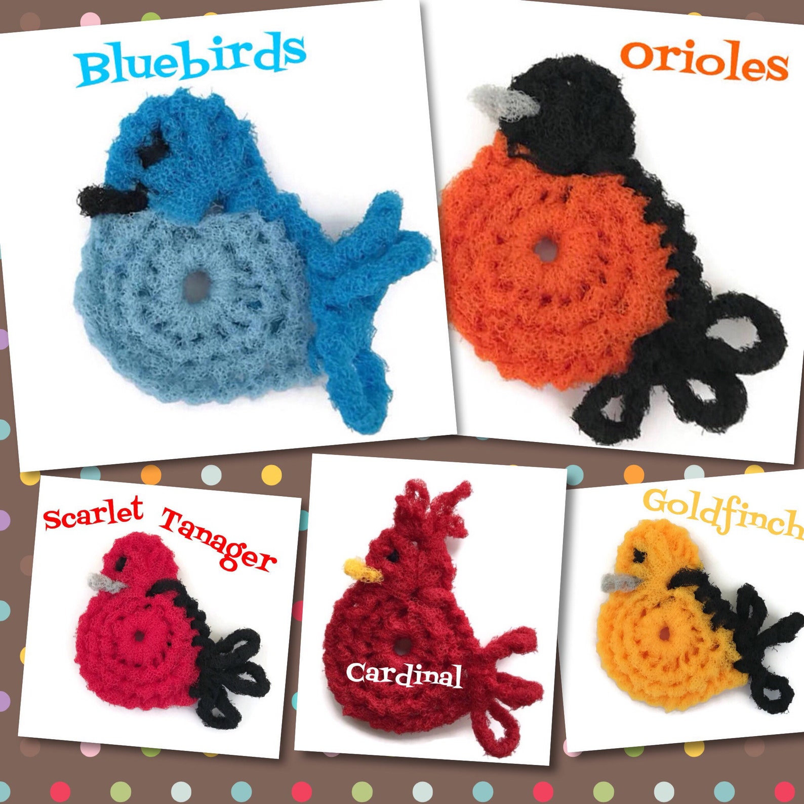Bird Dish Scrubbies, Set of 5 Bird Scrubbers, Scarlet Tanager ...