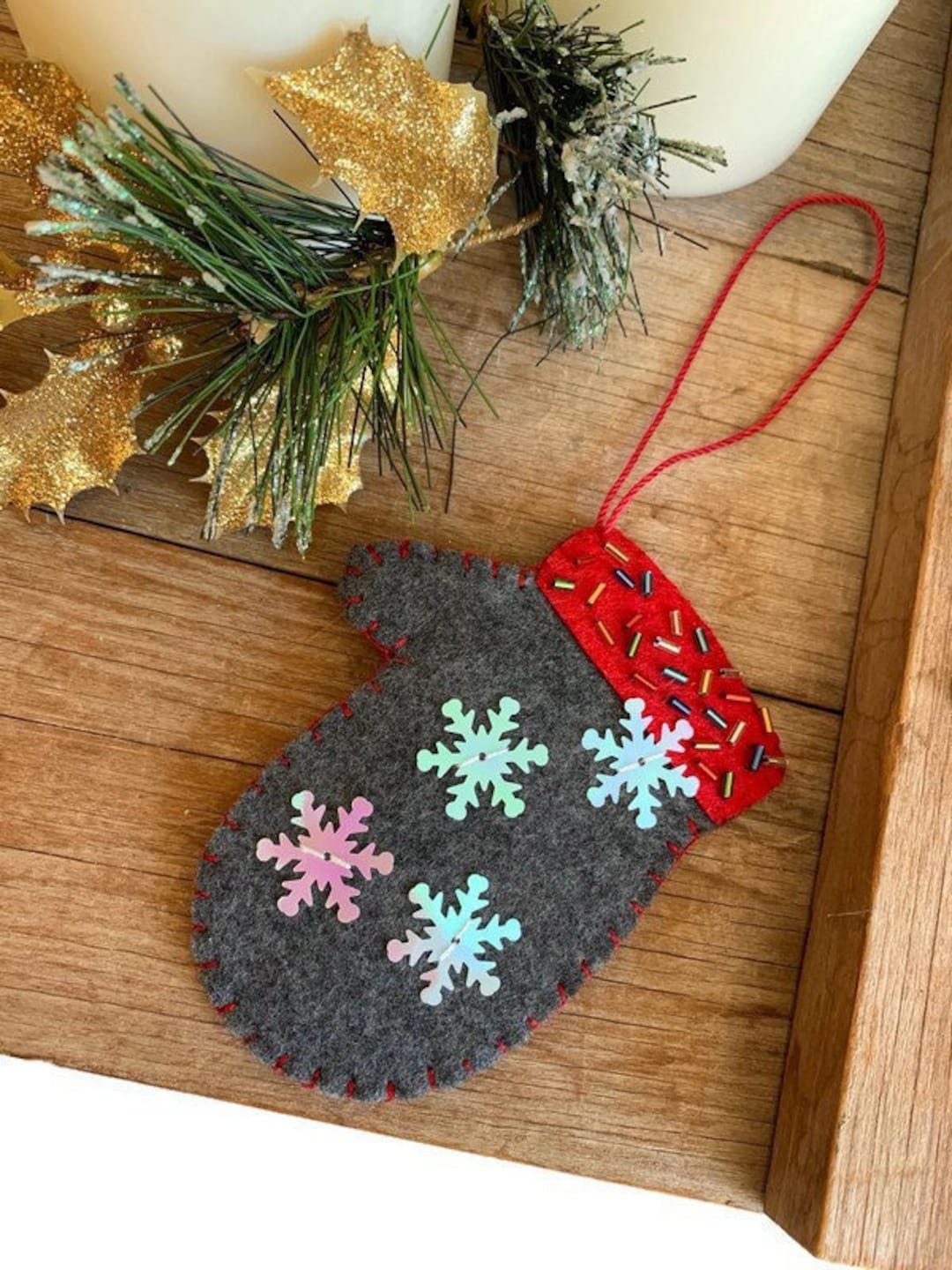 Christmas Mitten Ornament Felt Ornament Hand Stitched Gray Mitten Beads ...