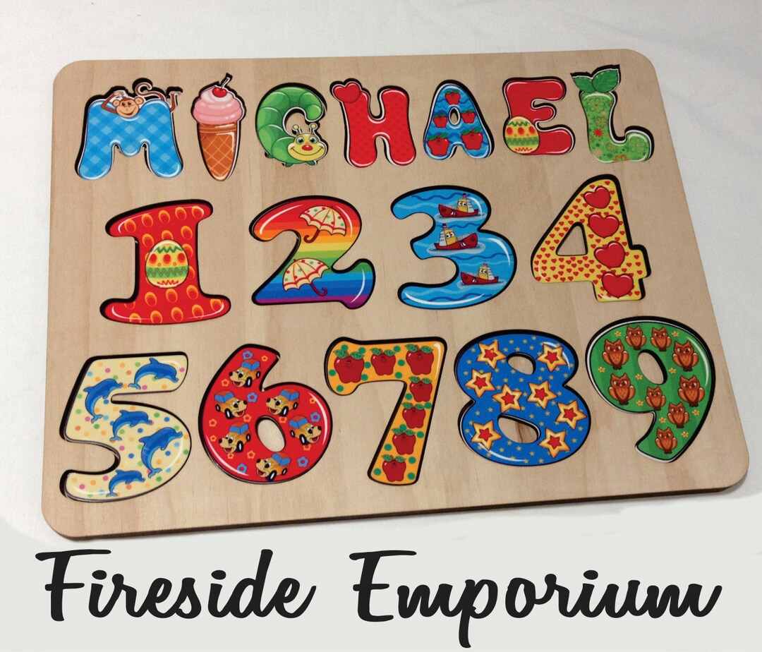 Wooden Childs Number Puzzle With Whimsical Alphabet, Jumbo Numbers and ...
