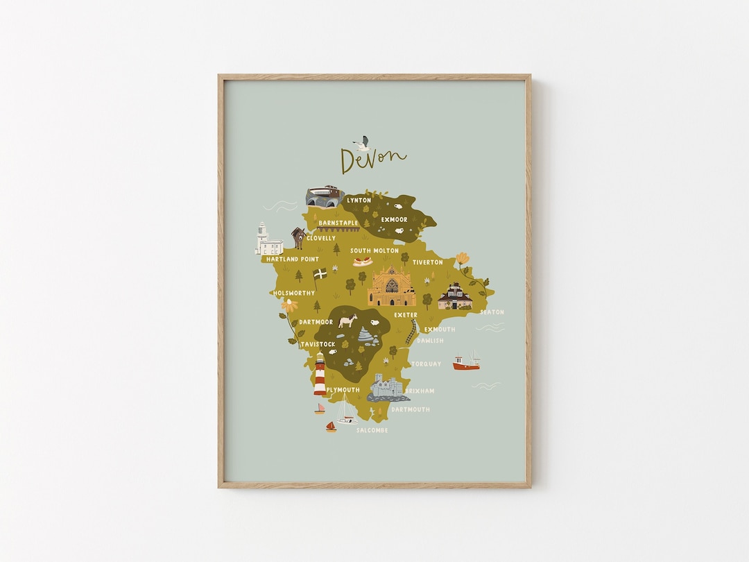 Devon Map Print | Illustrated Map of Devon | Dartmoor, Exmoor, Salcombe ...