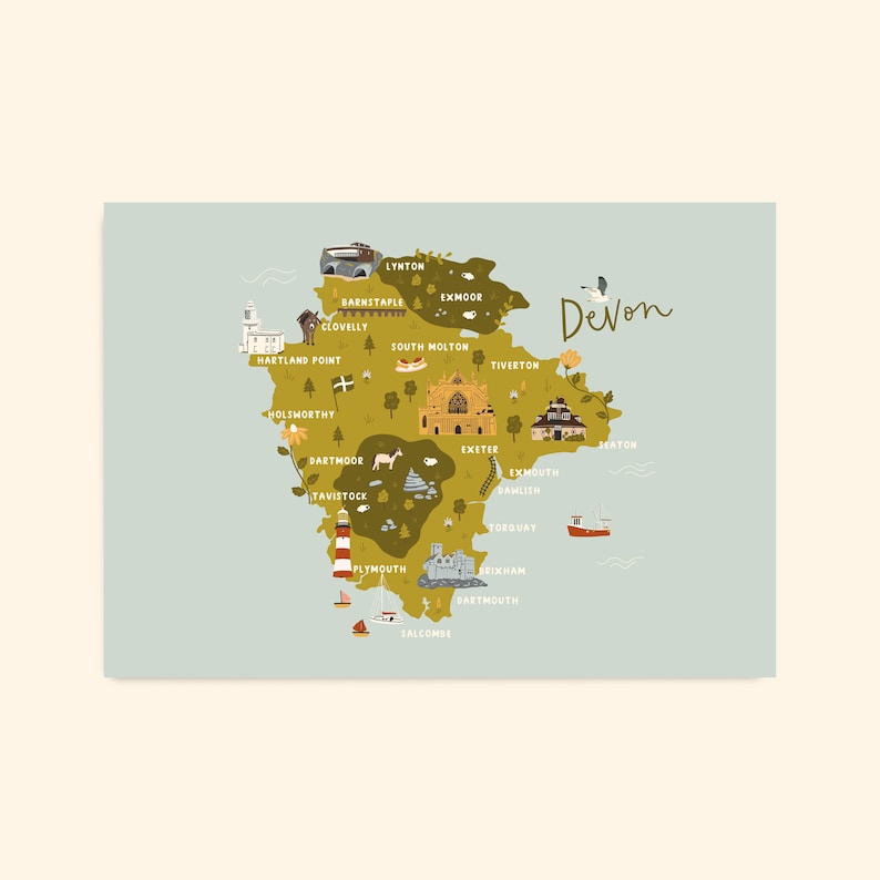 Devon Map Print | Illustrated Map of Devon | Dartmoor, Exmoor, Salcombe ...