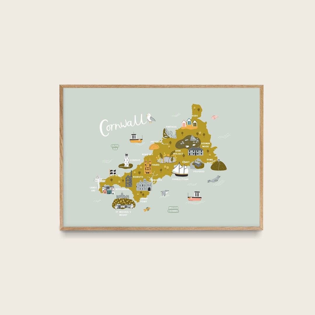 Cornwall Map Print Illustrated Map of Cornwall Cornwall Poster Gift ...