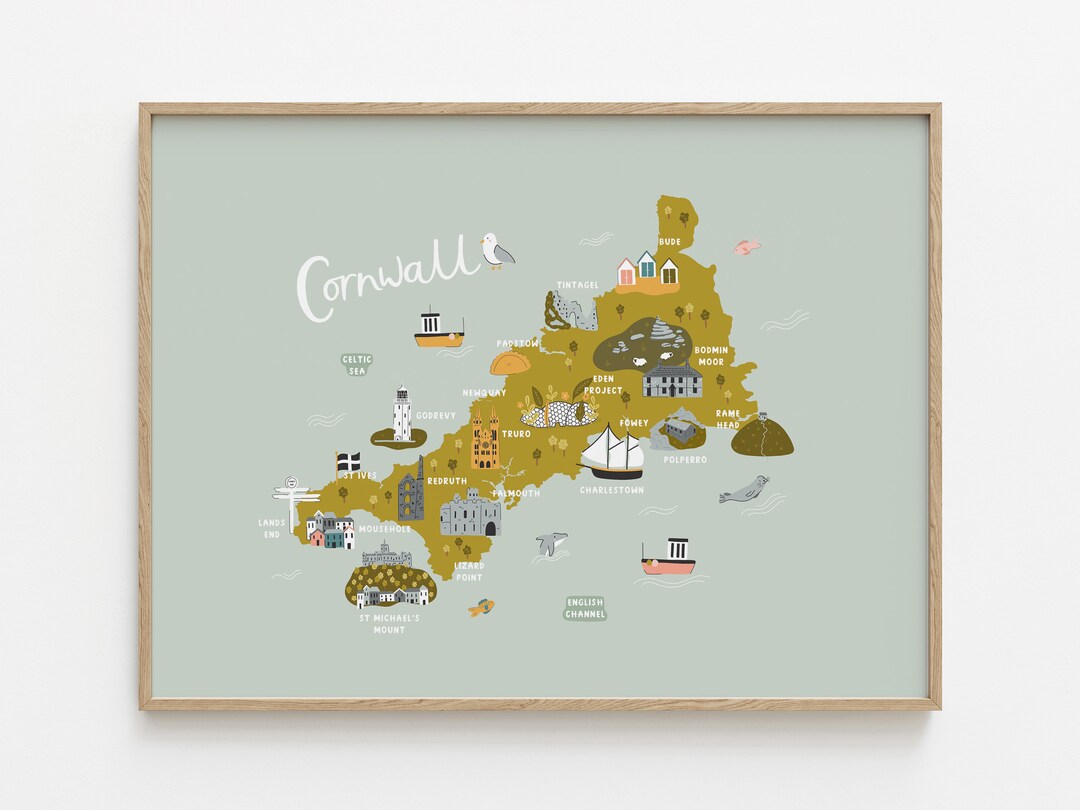 Cornwall Map Print | Illustrated Map of Cornwall | Cornwall Poster Gift ...