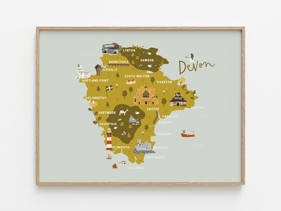 Devon Map Print | Illustrated Map of Devon | Dartmoor, Exmoor, Salcombe ...