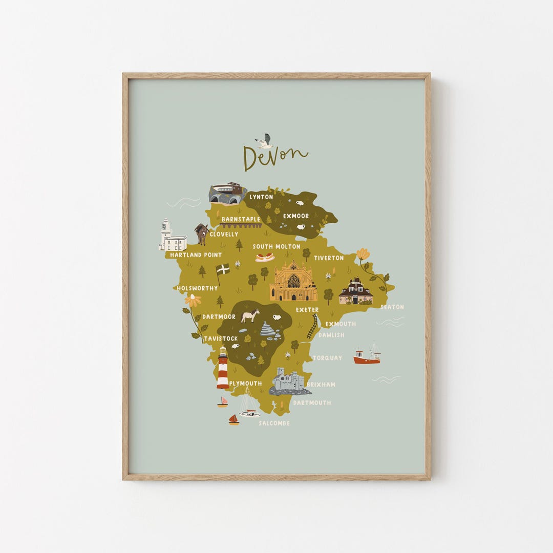 Devon Map Print | Illustrated Map of Devon | Dartmoor, Exmoor, Salcombe ...
