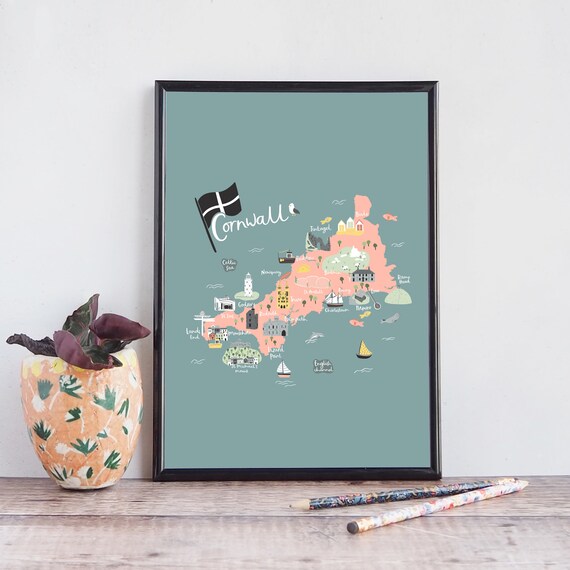 Cornwall Map Print Illustrated Map of Cornwall | Etsy