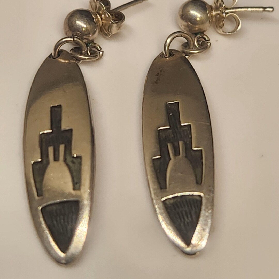 Vintage Sterling Silver Hopi Overlay Dangle Post Earrings Signed by the ...
