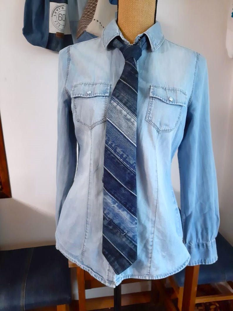 Unisex Eco-friendly Upcycled Denim Tie With Classic Diagonal Stripes ...