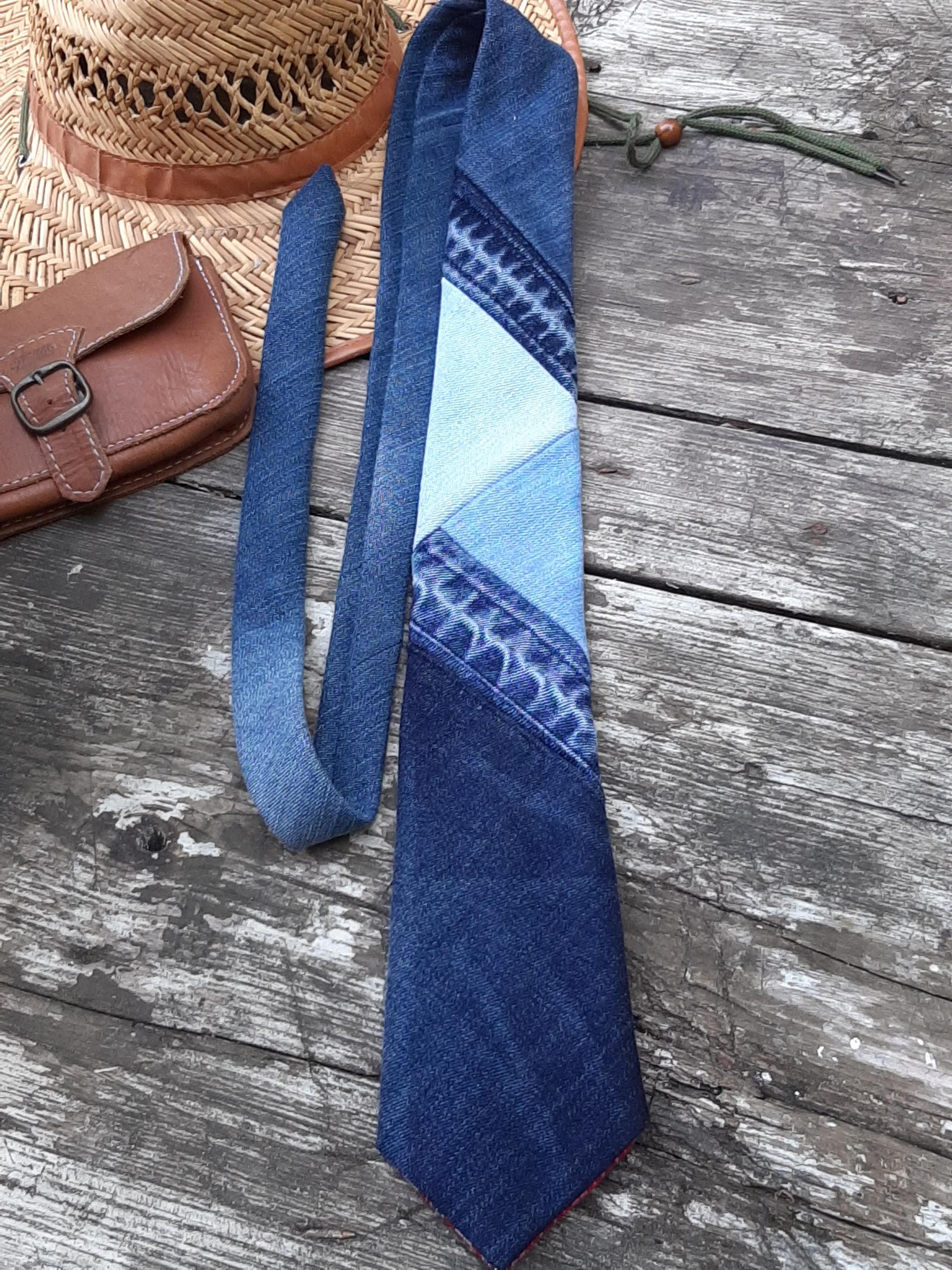 Unique Patchwork Denim Tie Vibrant Stripes From Reclaimed Jeans - Etsy