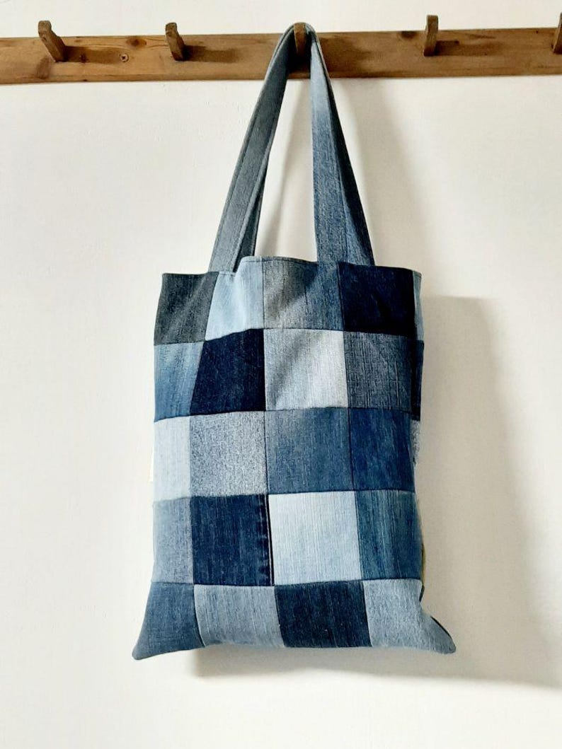 Denim Patchwork Tote Bag, Upcycled Denim Shopper Bag, Minimalist ...