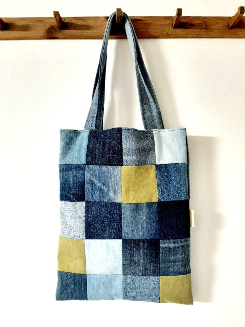 Denim Patchwork Tote Bag, Upcycled Denim Shopper Bag, Minimalist ...