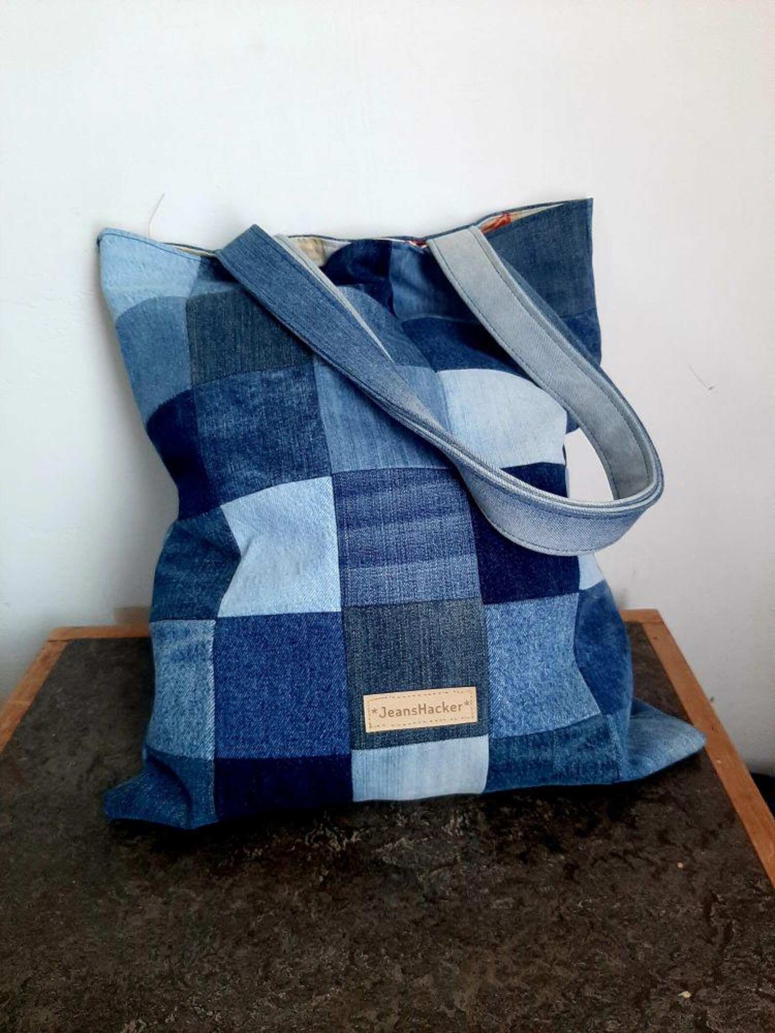 Denim Patchwork Tote Bag, Upcycled Denim Shopper Bag, Minimalist ...
