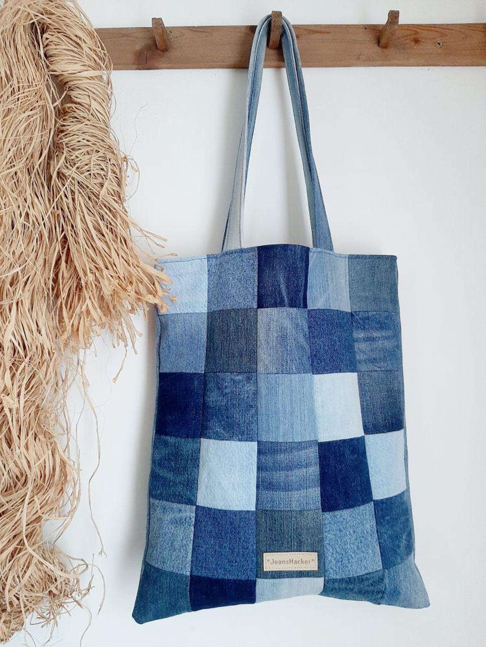 Denim Patchwork Tote Bag, Upcycled Denim Shopper Bag, Minimalist ...