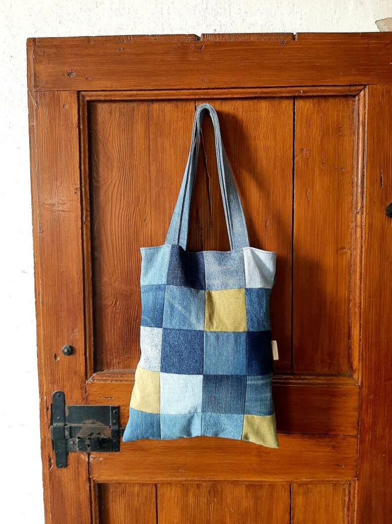 Denim Patchwork Tote Bag, Upcycled Denim Shopper Bag, Minimalist ...
