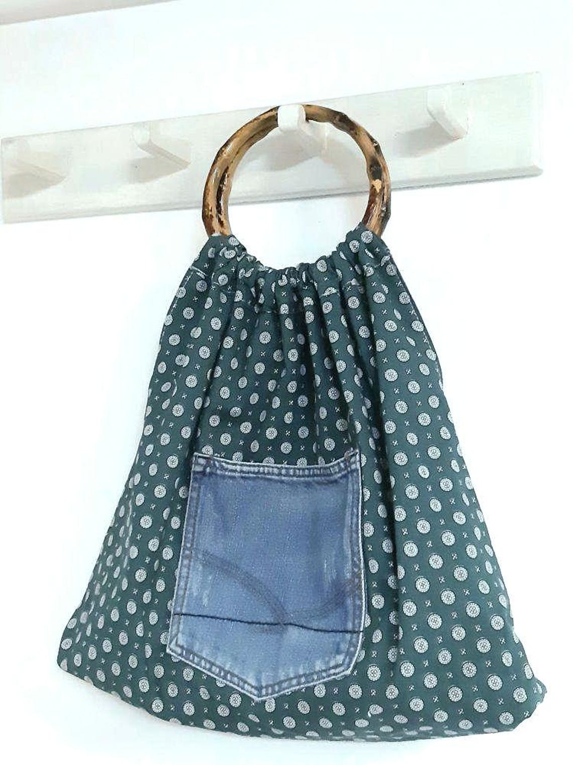 Repurposed Denim Bag, Denim Handbag With Bamboo Handles, Jeans Handbag ...