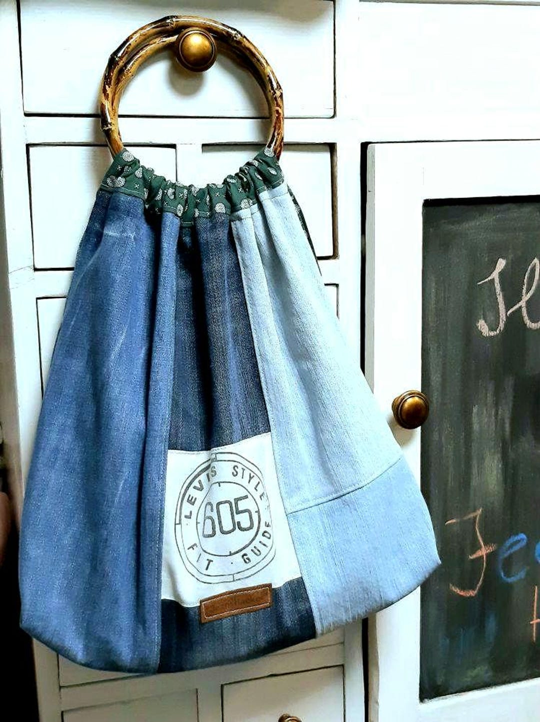 Repurposed Denim Bag, Denim Handbag With Bamboo Handles, Jeans Handbag ...